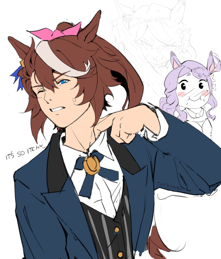 Safebooru - 2girls :i animal ears black vest blue jacket blush bow brown hair clenched teeth ...