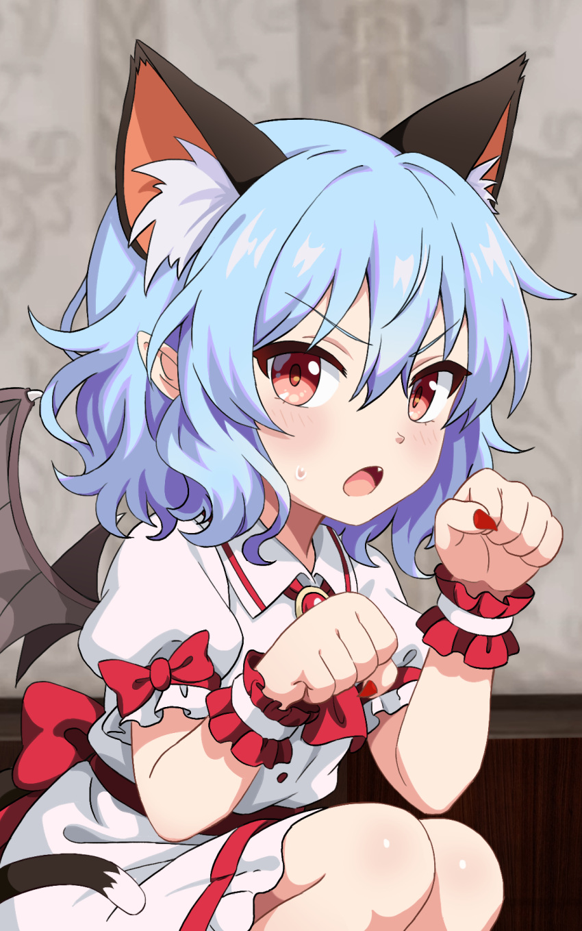 Safebooru - 1girl animal ears bat wings blue hair blush cat ears cat girl collared dress dress ...