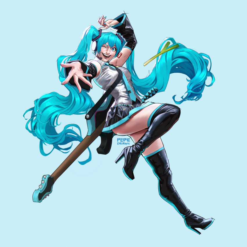 Safebooru - 1girl ;d arm tattoo artist name black boots black skirt ...