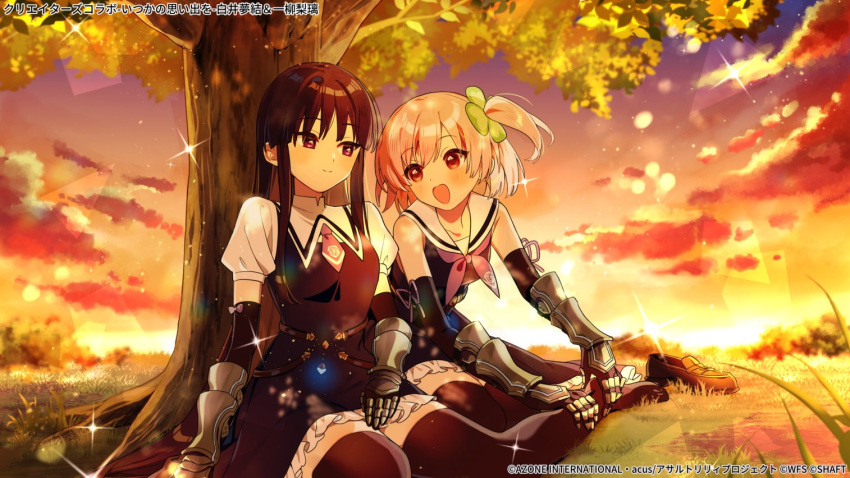 Safebooru - 2girls :d against tree arm at side assault lily banirou bare shoulders black dress ...