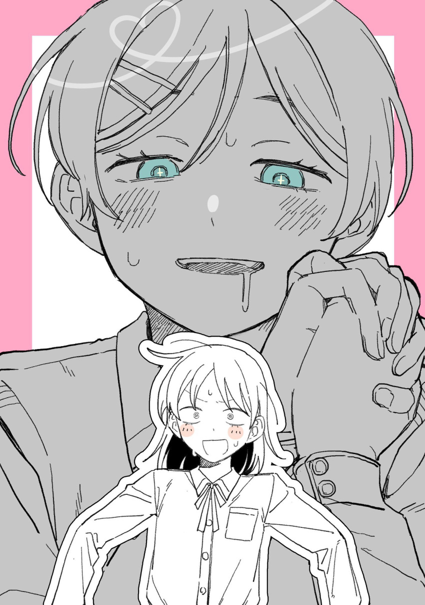 Safebooru - 2girls :d ahoge blue eyes blush border breast pocket ...