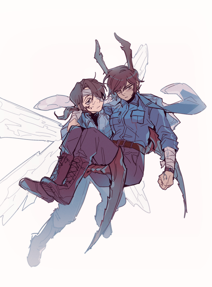 Safebooru - absurdres bandage on face bandage over one eye bandages bee wings blue jacket brown ...