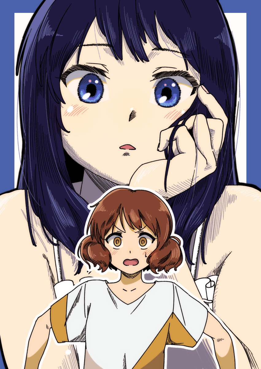 Safebooru - 2girls bare shoulders blue border blue eyes blue hair blush ...