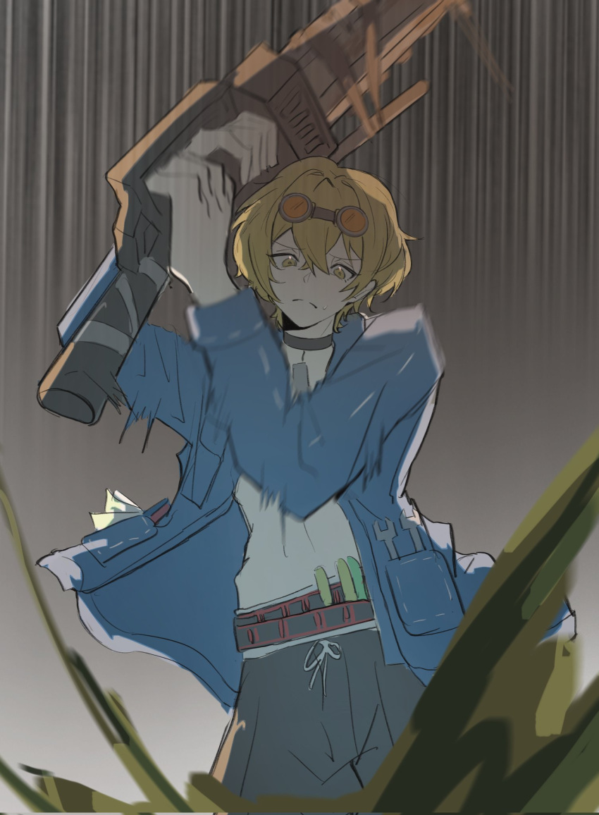 Safebooru - 1boy belt black choker black pants blonde hair blue jacket ...