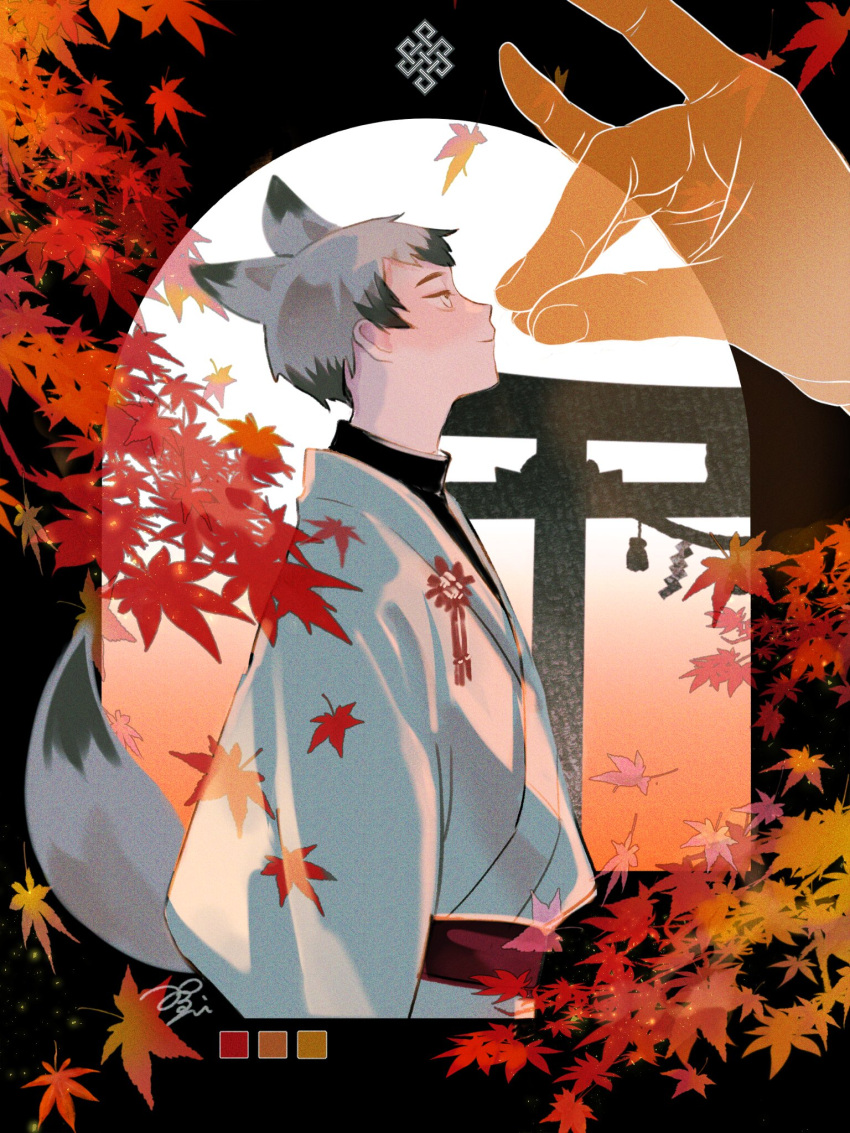 Safebooru - 1boy animal ears ao rui autumn leaves black hair black ...