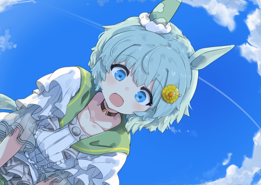 Safebooru - 1girl animal ears aqua hair blue eyes breasts choker clouds collarbone contrail day ...