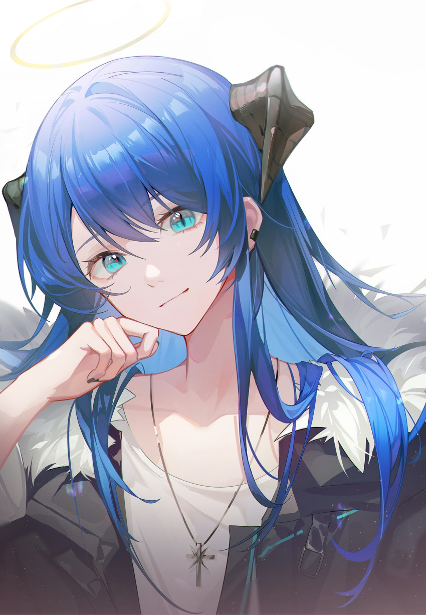 Safebooru - 1girl arknights black jacket blue eyes blue hair closed mouth collarbone commentary ...
