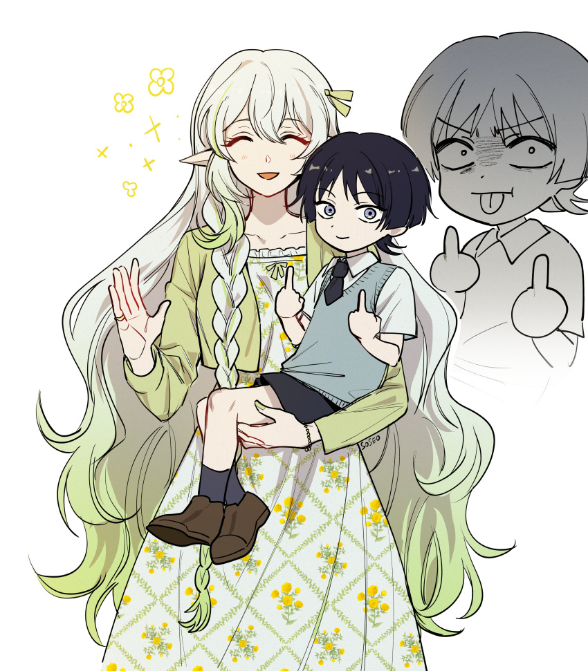 Safebooru - 1boy 1girl absurdres aged down black hair braid brown footwear carrying closed eyes ...