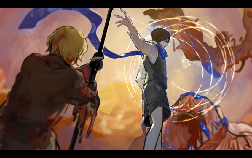 Safebooru - 1girl 2boys black hair blonde hair blood blood on clothes blue scarf demian (limbus ...