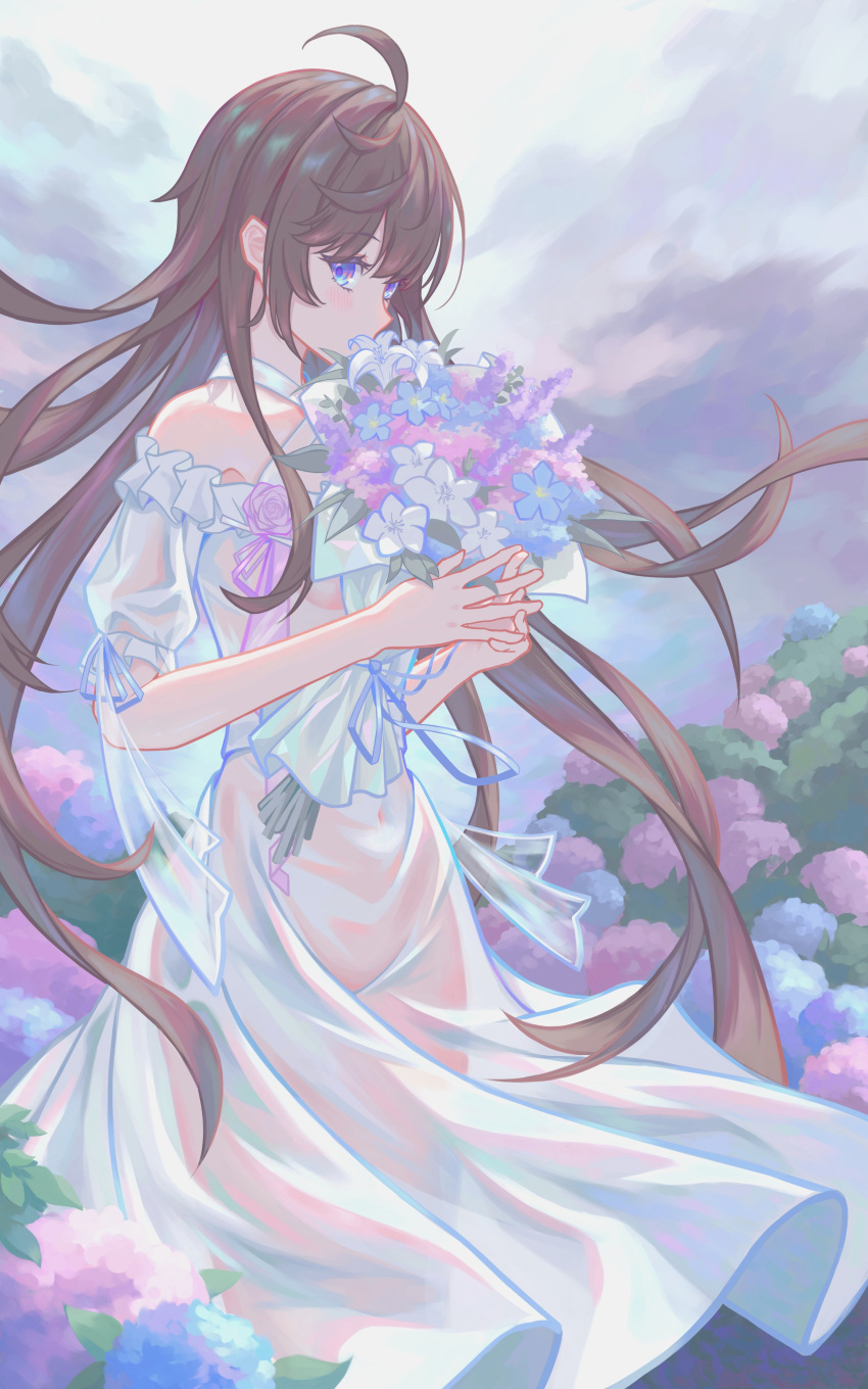 Safebooru - 1girl absurdres ahoge bare shoulders blue eyes blue flower ...