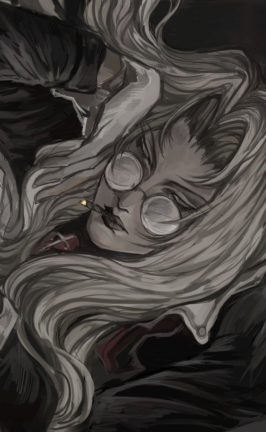 Safebooru - 1girl blonde hair cigarette close-up curtained hair gloves ...