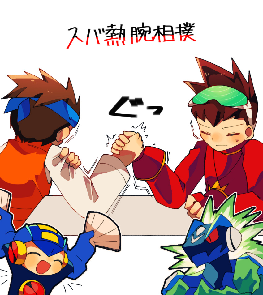 Safebooru - 3boys arm wrestling blue bodysuit blue gloves blue helmet ...