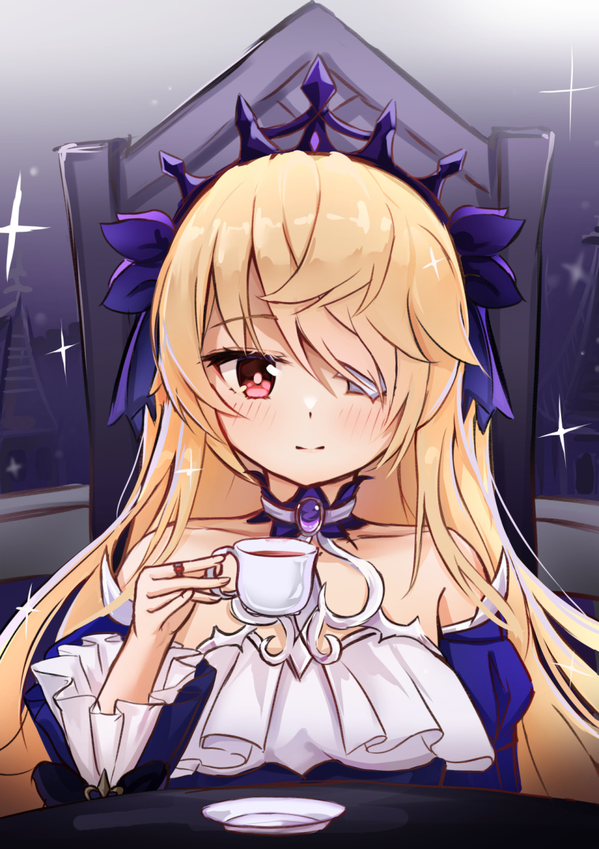 Safebooru - 1girl alternate eye color bare shoulders blonde hair blush ...