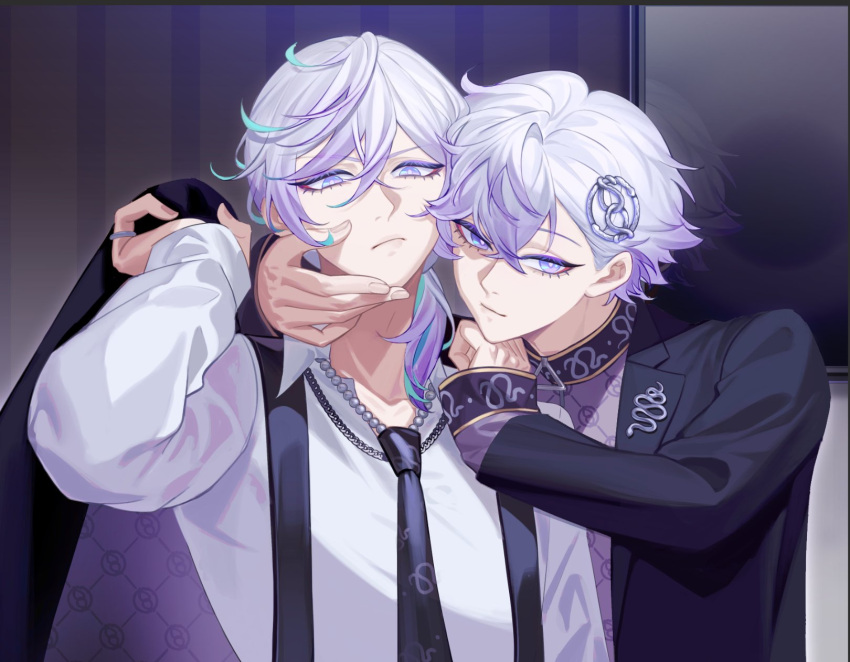Safebooru - 2boys black jacket chain closed mouth crossed bangs hand on ...