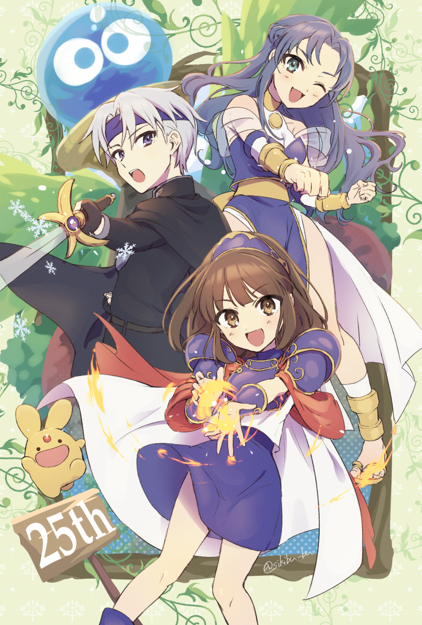 Safebooru - 1boy 2girls :d anniversary arle nadja armor artist name bare shoulders black gloves ...