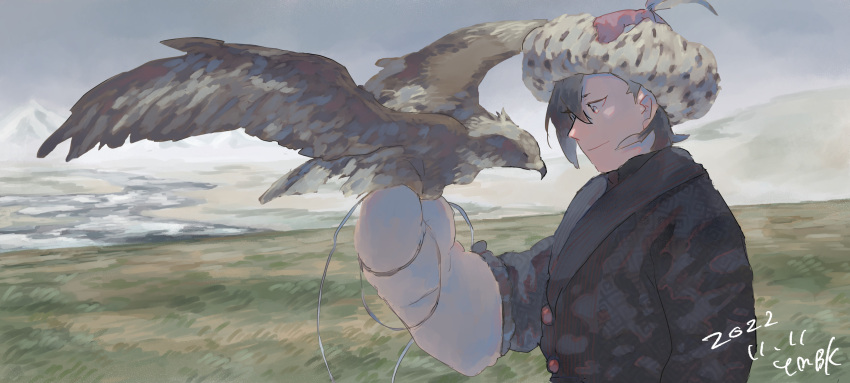 Safebooru - bird black coat black hair closed mouth coat commentary ...
