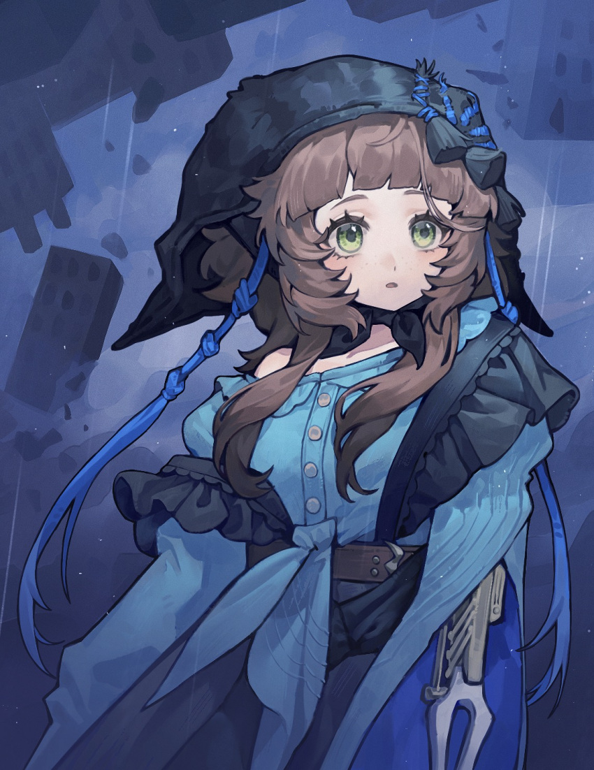 Safebooru - 1girl :o black coif black skirt blue background blue shirt ...