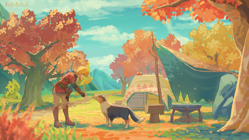 Safebooru - absurdres autumn leaves campfire clouds dog highres hylian ...