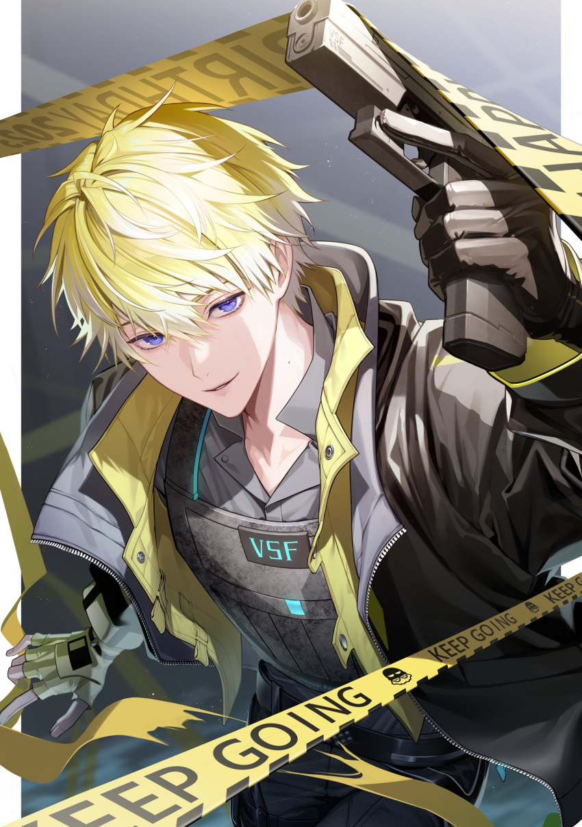 Safebooru - 1boy bata000e black jacket black pants blonde hair blue eyes bulletproof vest ...