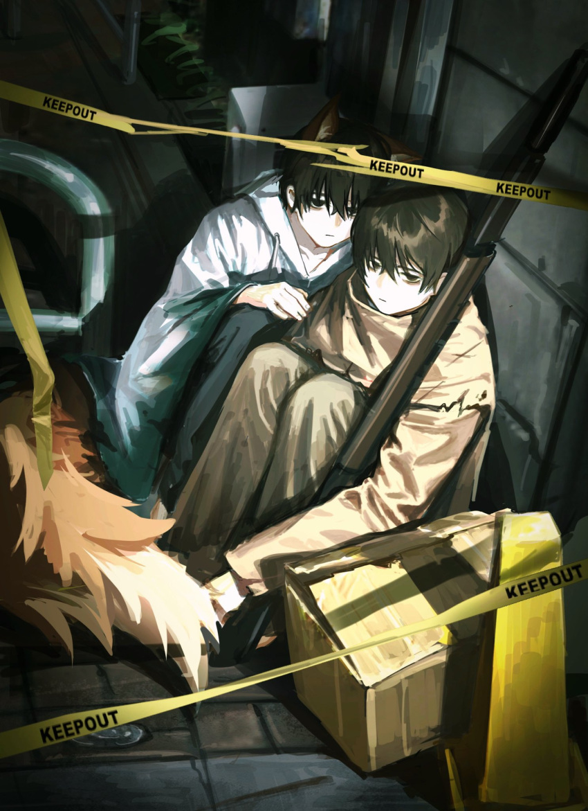 Safebooru - 2boys alley animal ears bags under eyes black eyes black ...