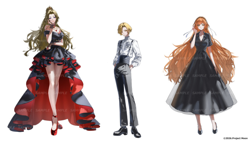 Safebooru - 1boy 2girls absurdres ascot black dress black shoes blonde ...