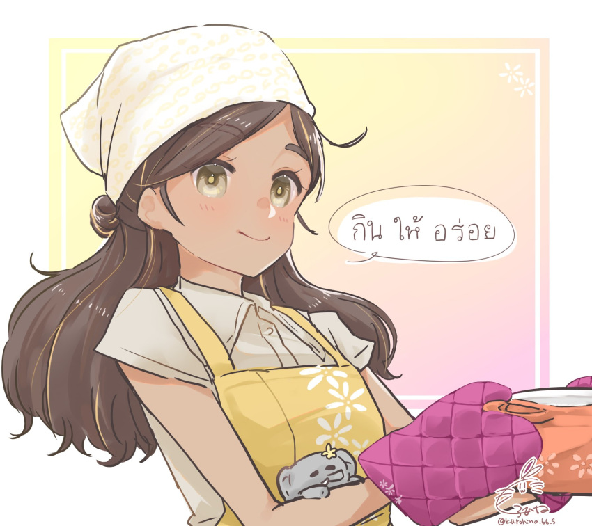 Safebooru - 1girl apron bandana blonde streaks brown eyes brown hair ...