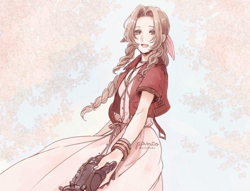 Safebooru - 1boy 1girl aerith gainsborough ancotsubu artist name bangle black gloves bracelet ...