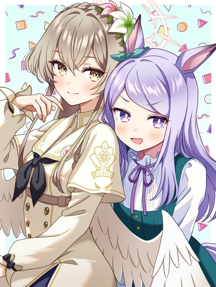 Safebooru - :d angel wings animal ears aqua bow black bow black ...