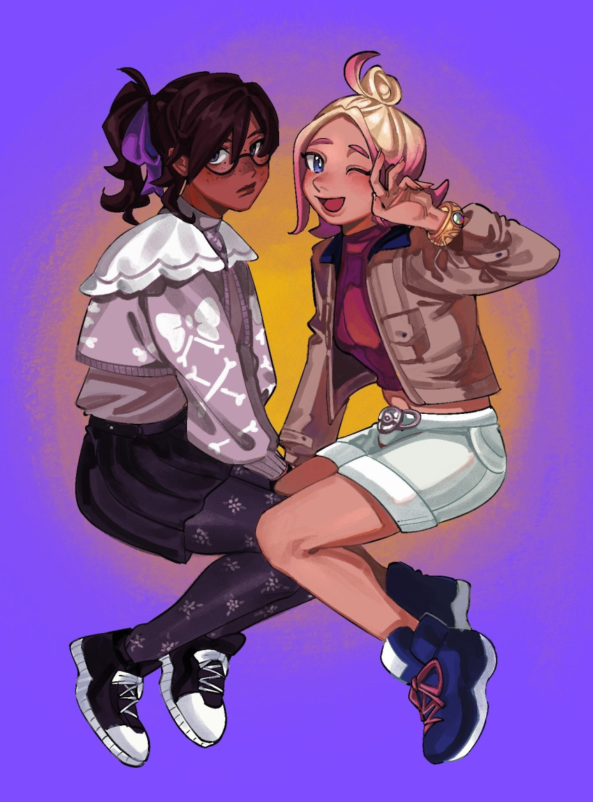 Safebooru - 2girls black skirt bone print bow bow print brown hair ...