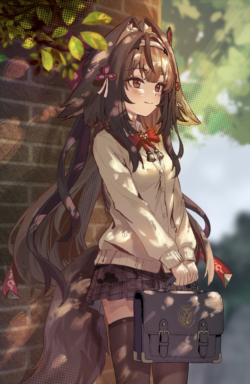 Safebooru - 1girl animal ears bag black thighhighs blush brown cardigan ...
