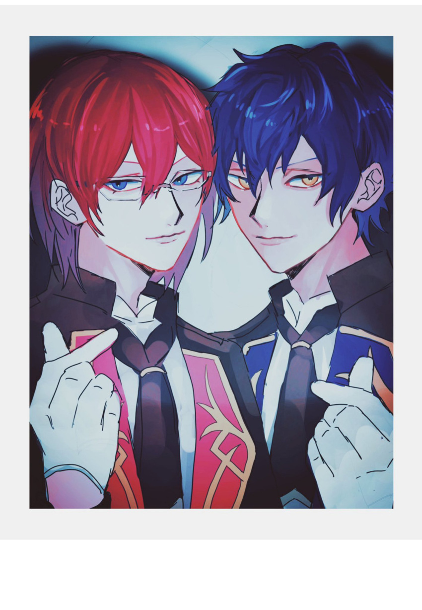 Safebooru - 2boys black jacket black necktie blue eyes blue hair border ensemble stars! finger ...