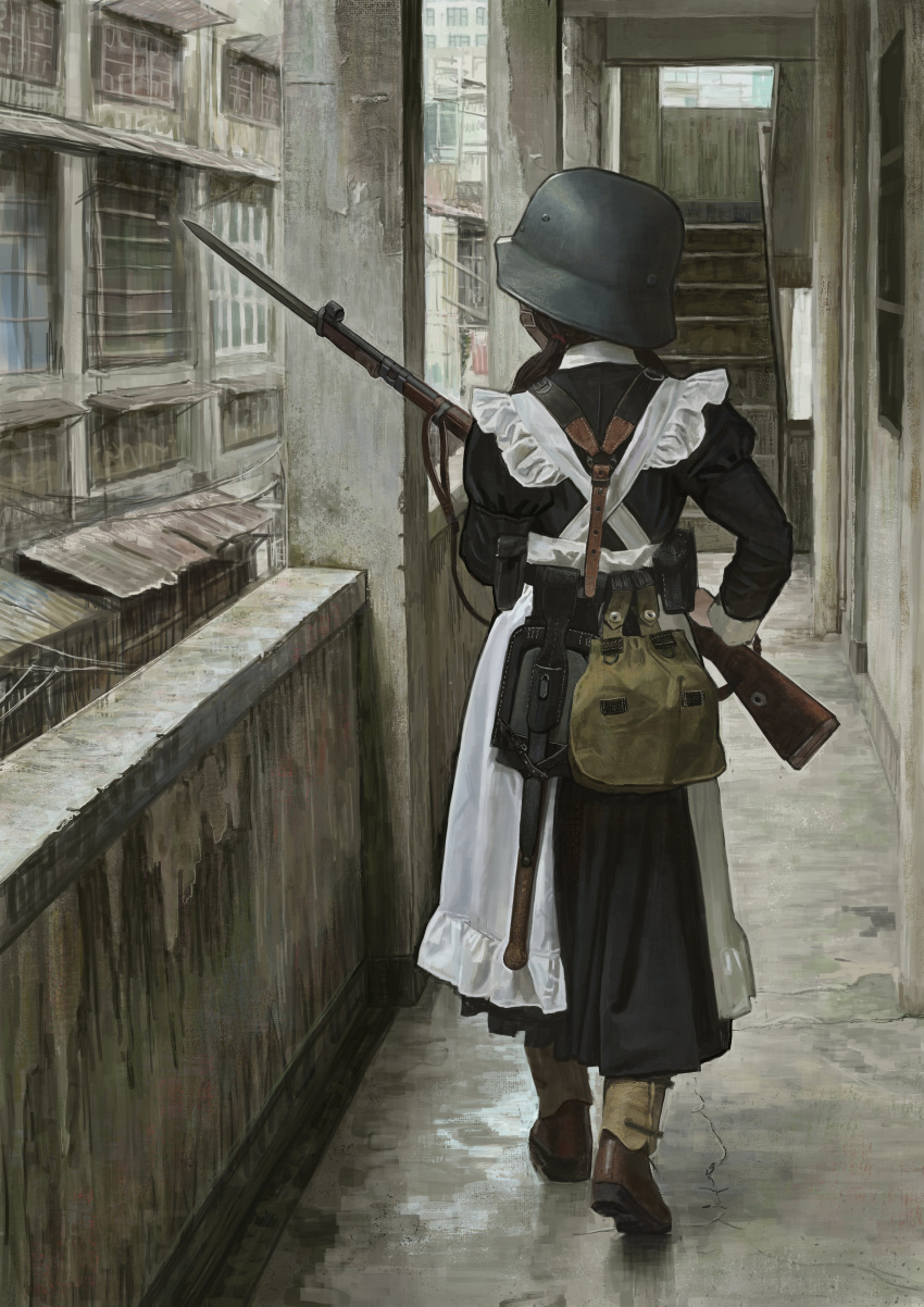 Safebooru - 1girl absurdres apron bayonet black dress bolt action ...
