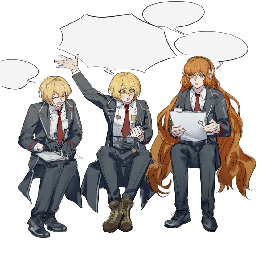 Safebooru - 1boy 2girls belt black gloves black pants black suit blonde ...