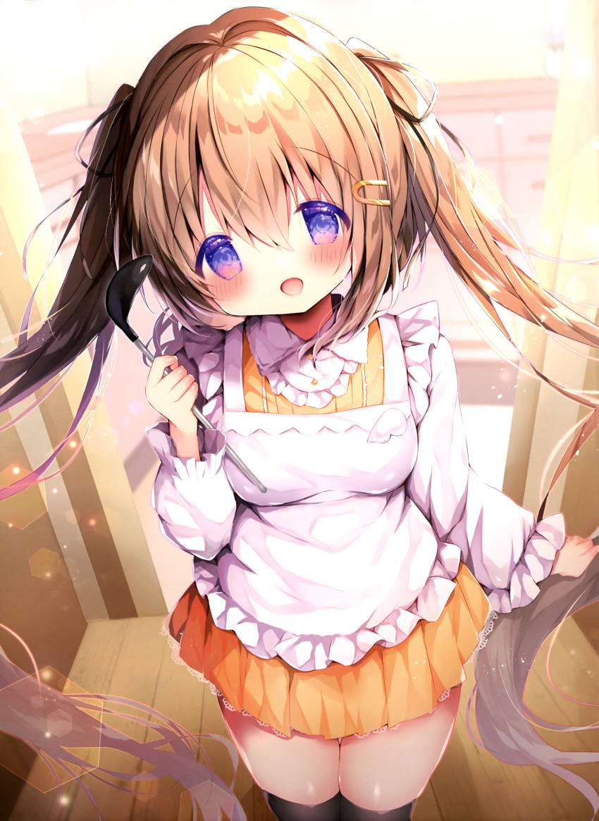 Safebooru - 1girl :d absurdres apron black ribbon black thighhighs ...