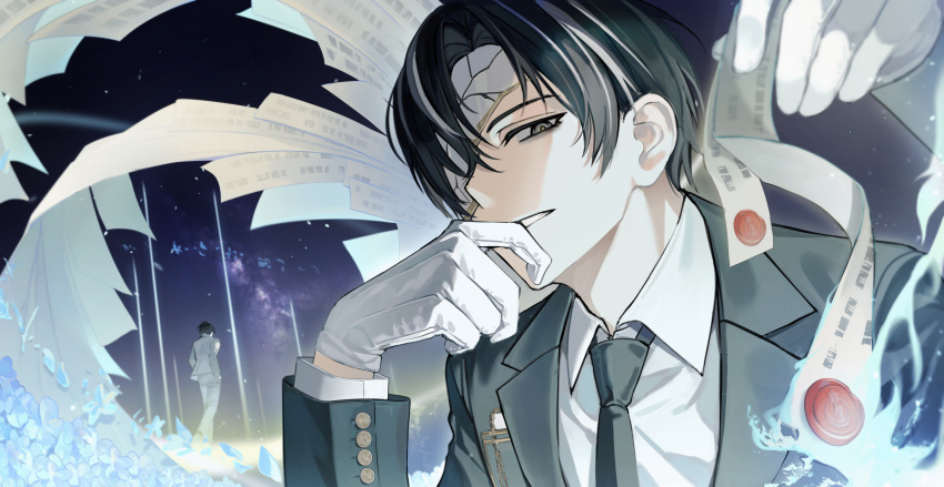 Safebooru - 1boy absurdres black hair black necktie blue fire blue ...