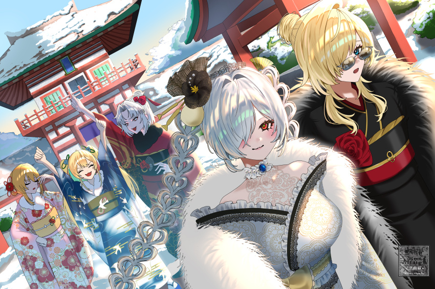 Safebooru - 5girls :3 :d absurdres alternate costume arm up arms up ...