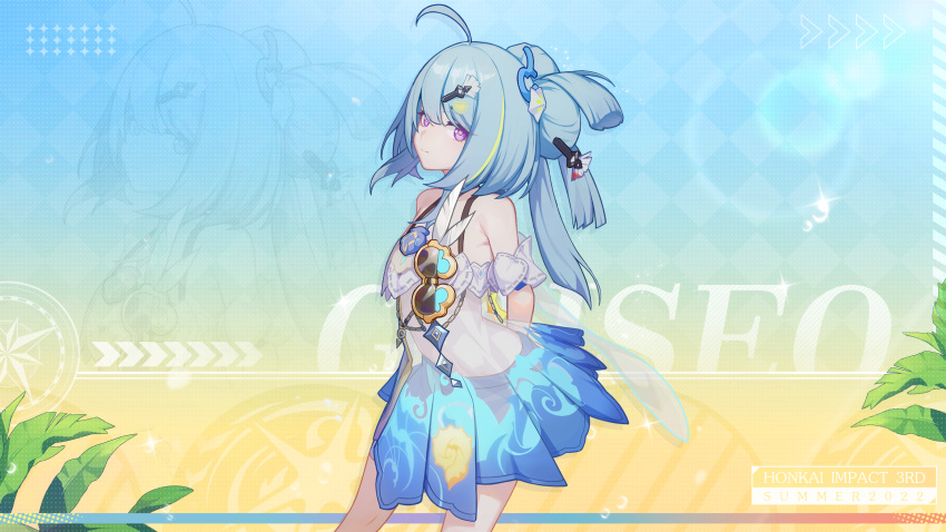 Safebooru - 1girl ahoge armpit crease arms behind back bare shoulders blue hair breasts ...