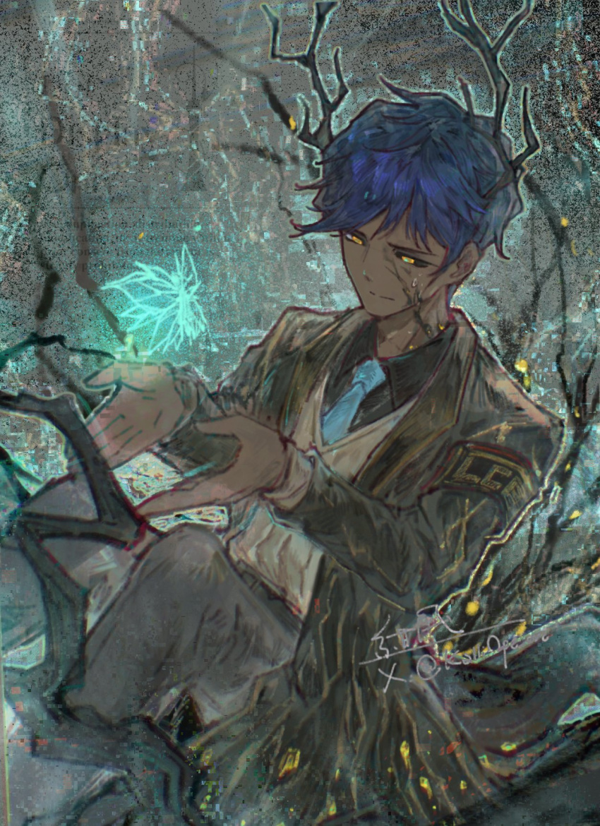 Safebooru - 1boy black shirt blue hair blue necktie branch brown coat ...