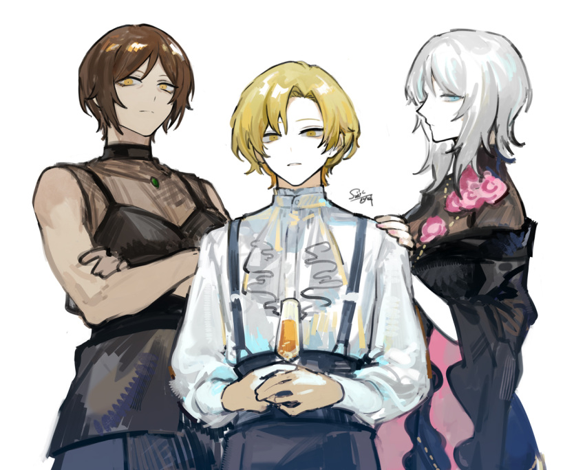 Safebooru - 1boy 2girls black dress blonde hair blue eyes brown eyes ...