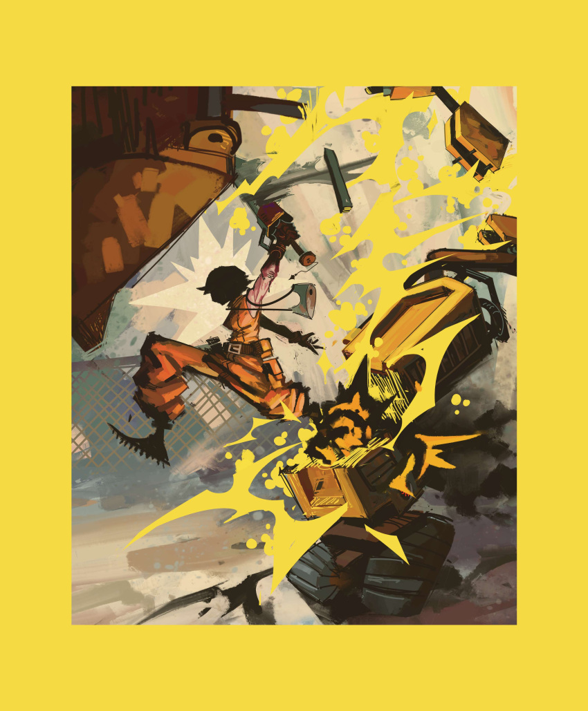 Safebooru - 1girl absurdres arm up border breasts caterpillar tracks chainsword commentary ...