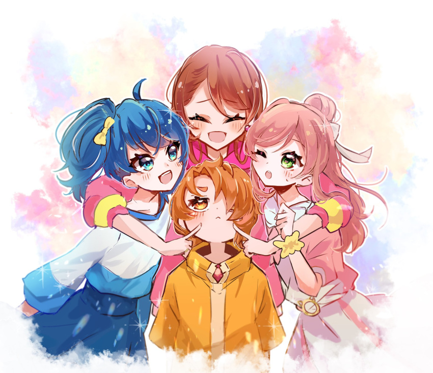 Safebooru - 1boy 3girls aki67842529 arms around neck asymmetrical bangs ...
