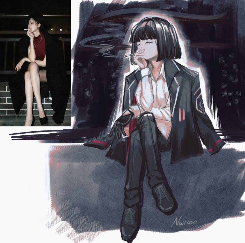 Safebooru - 1girl black gloves black hair black pants black shoes bob ...