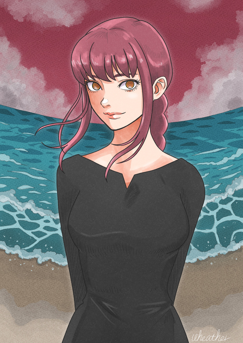 Safebooru - 1girl absurdres arms behind back artist name beach black shirt braid braided ...