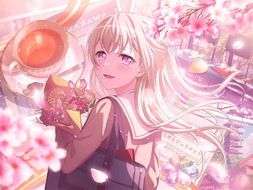 Safebooru - bang dream! blonde hair long hair official art pink eyes school uniform shirasagi ...