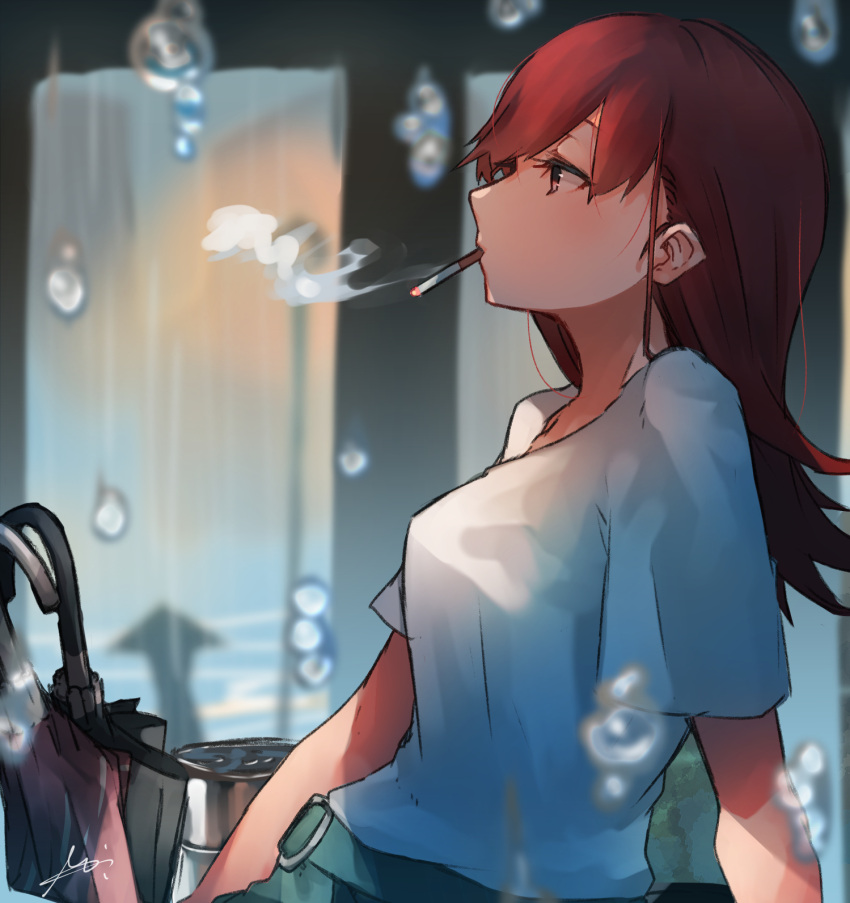 Safebooru - 1girl brown eyes brown hair cigarette from side green skirt highres kantai ...