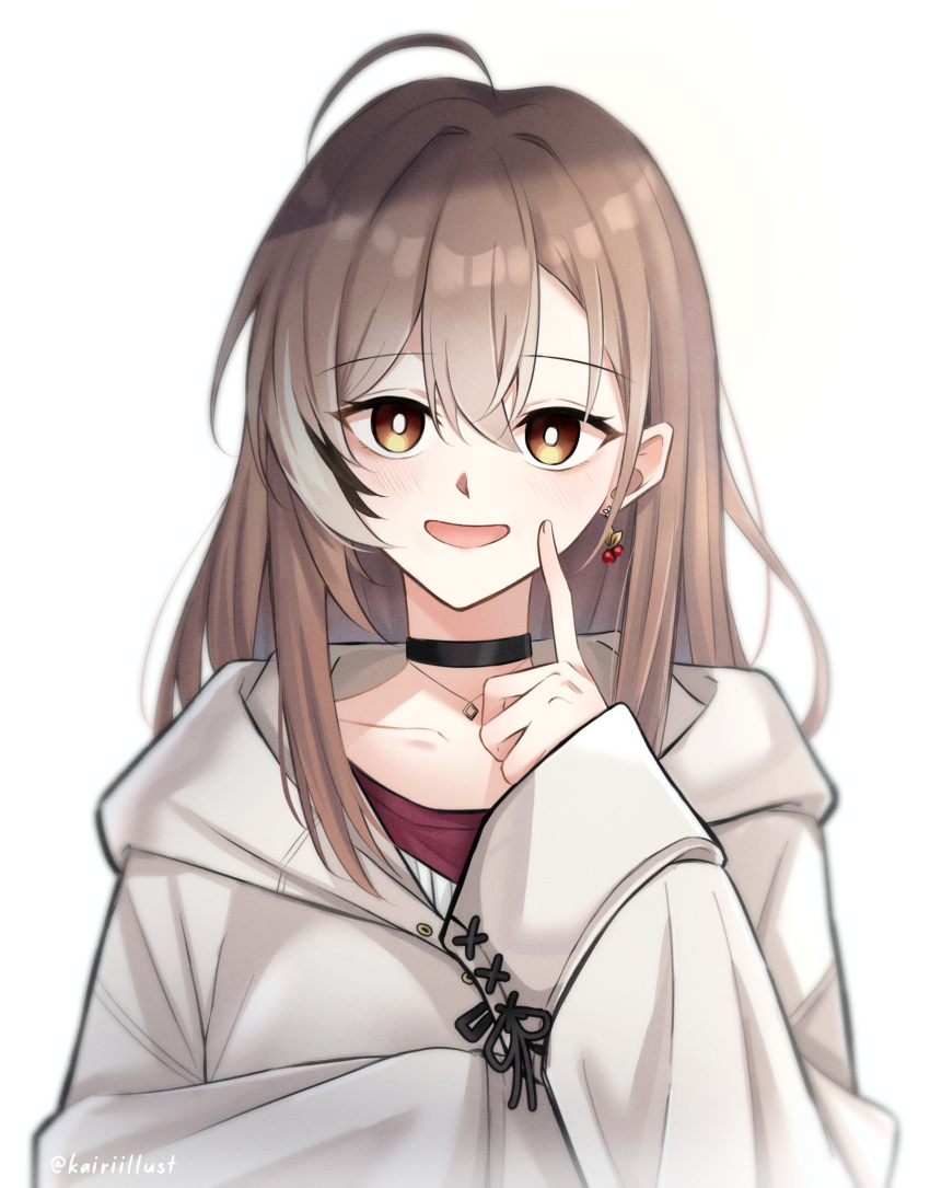 Safebooru - 1girl absurdres ahoge berry black choker brown eyes brown hair brown hoodie choker ...