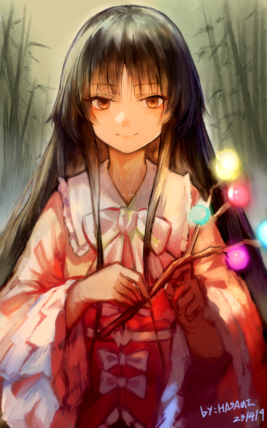 Safebooru - 1girl absurdres black hair bow branch brown eyes closed mouth dated highres holding ...