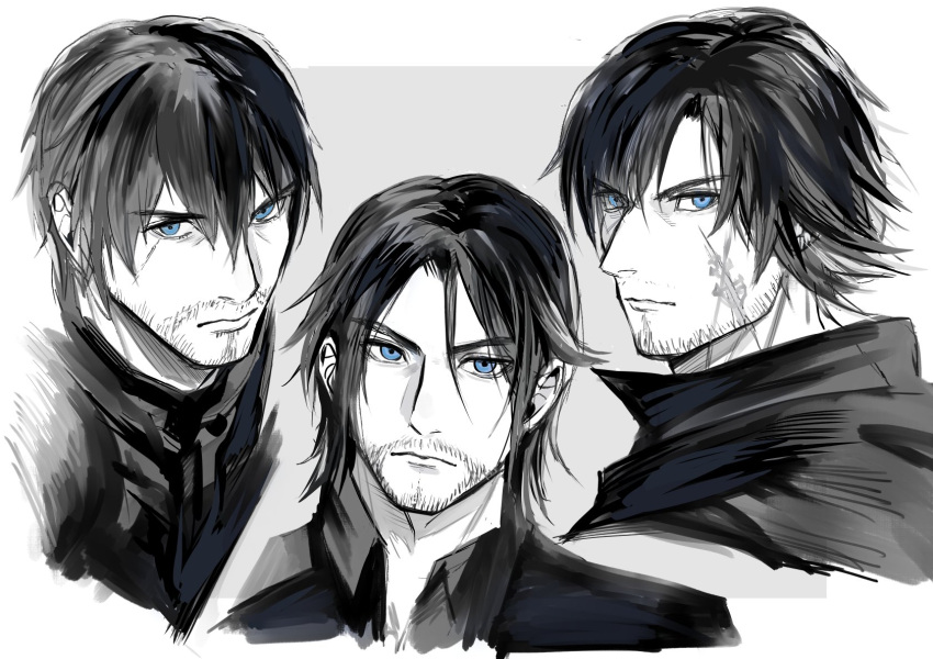 Safebooru - 3boys ardbert (ff14) black hair black jacket black shirt blue eyes border chinstrap ...