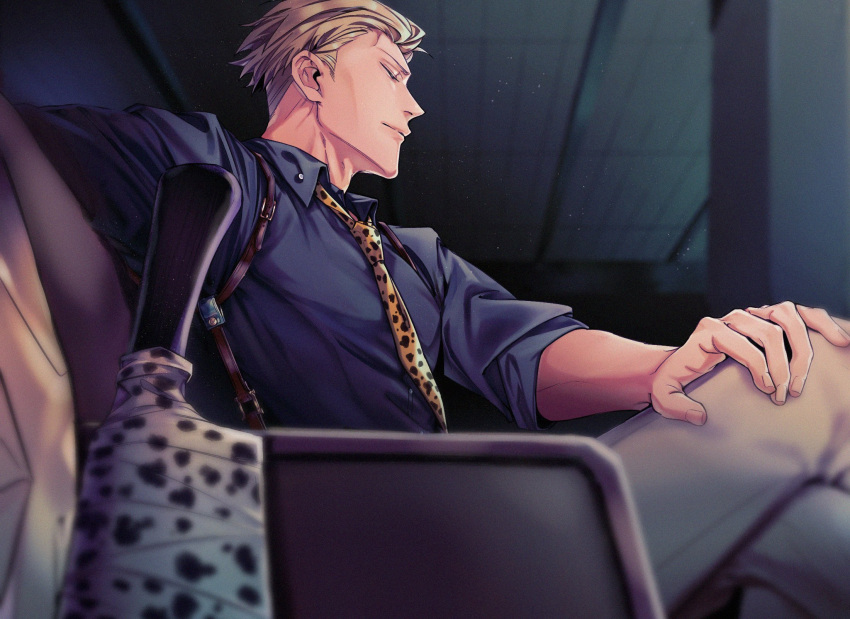 Safebooru - 1boy blonde hair blue shirt brown pants chair closed eyes ...