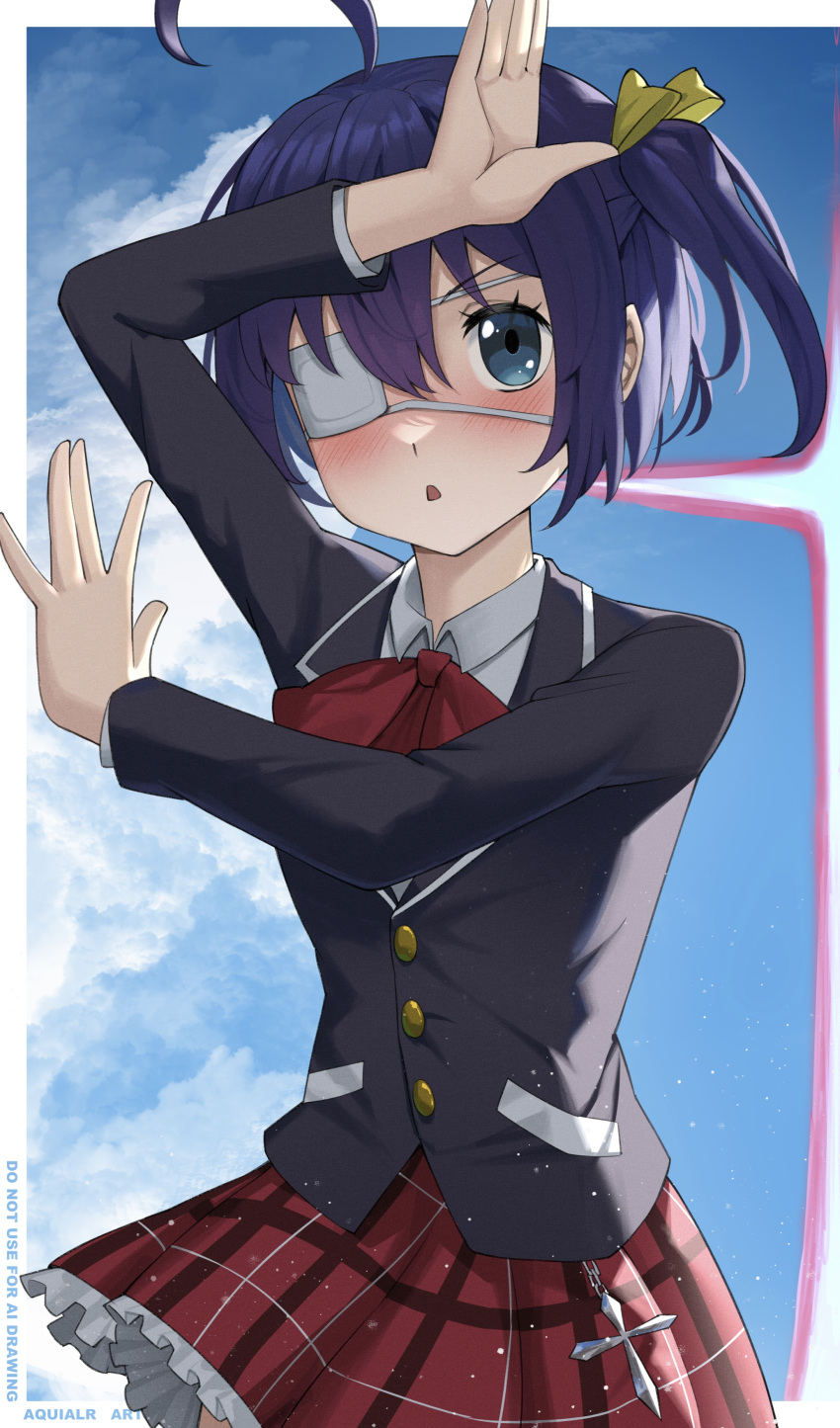 Safebooru - 1girl :o absurdres ahoge aquilar arm up black jacket blush border bow bowtie buttons ...